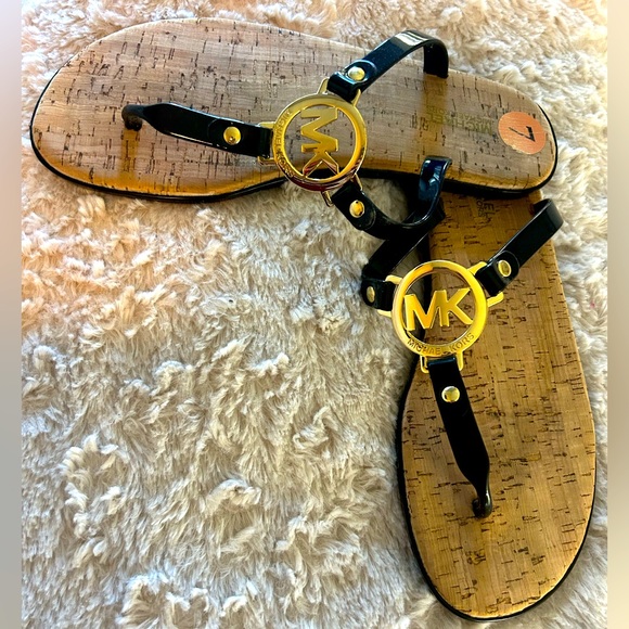 Michael Kors | Shoes | Michael Kors Black Sandals With Gold Mk Logo ...
